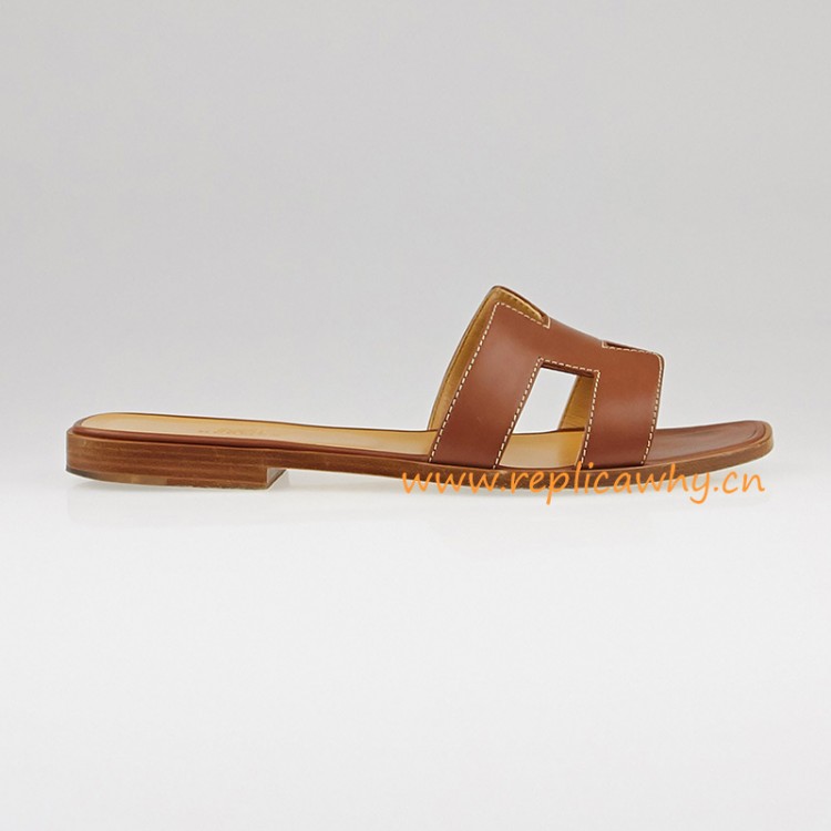 Original Oran H Sandals Calfskin Leather Coffee Slippers