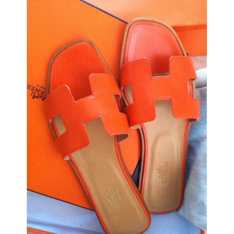 Original Oran H Sandals Calfskin Leather Orange Slippers